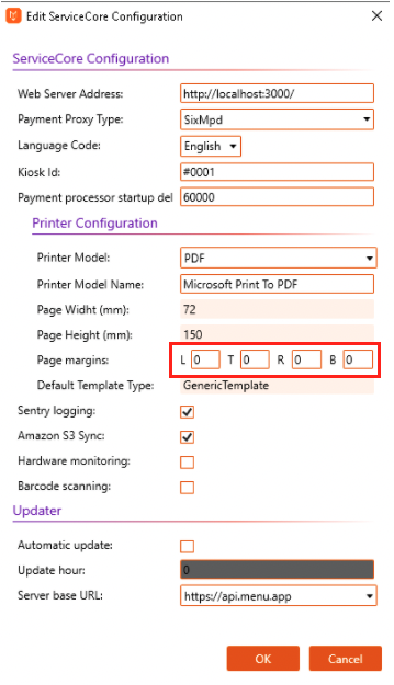 Set Kiosk Printer Margins MENU